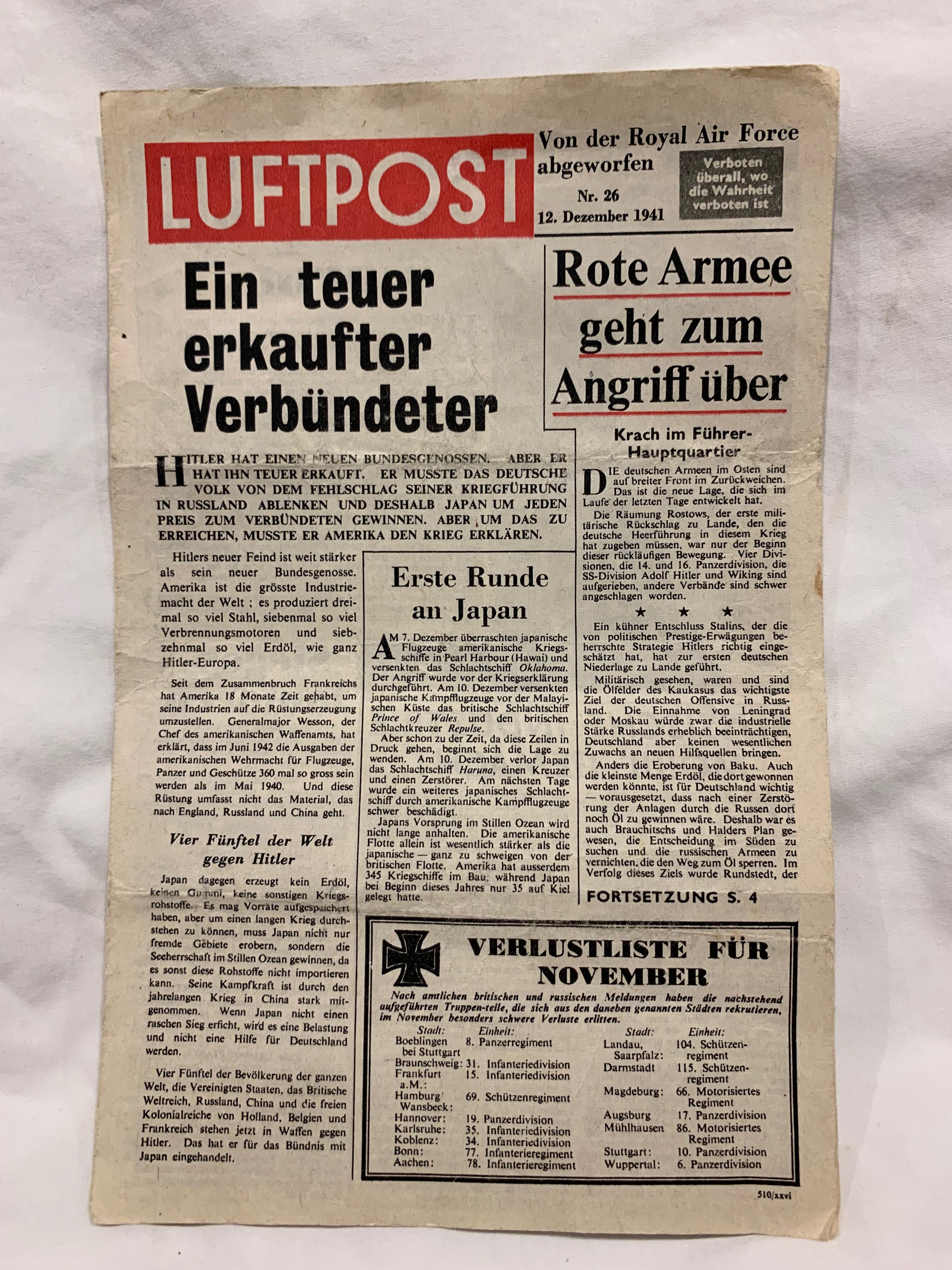 WW2 British 'Luftpost' propaganda leaflet dropped on German forces by ...